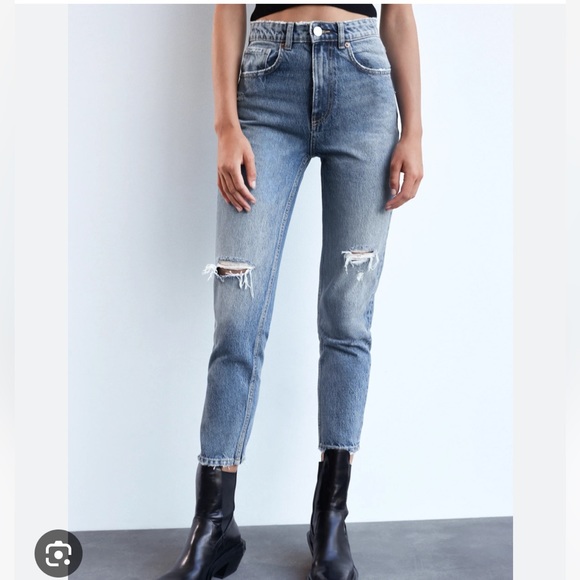 Zara | Jeans | Zara Ripped Mom Jeans 4 Mid Wash Slim High Waisted ...
